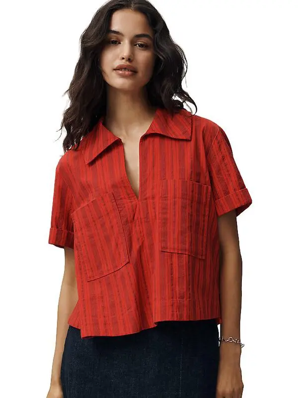 Maeve Short-sleeve Swing Buttondown Top - Red Stripe