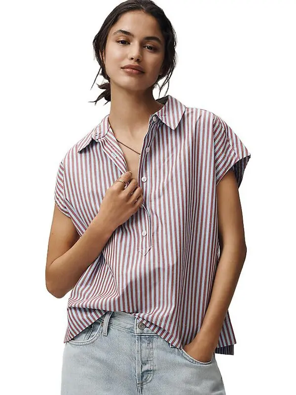 Maeve 100% Cotton Sleeveless Button-down Shirt - Brown / Blue Stripe