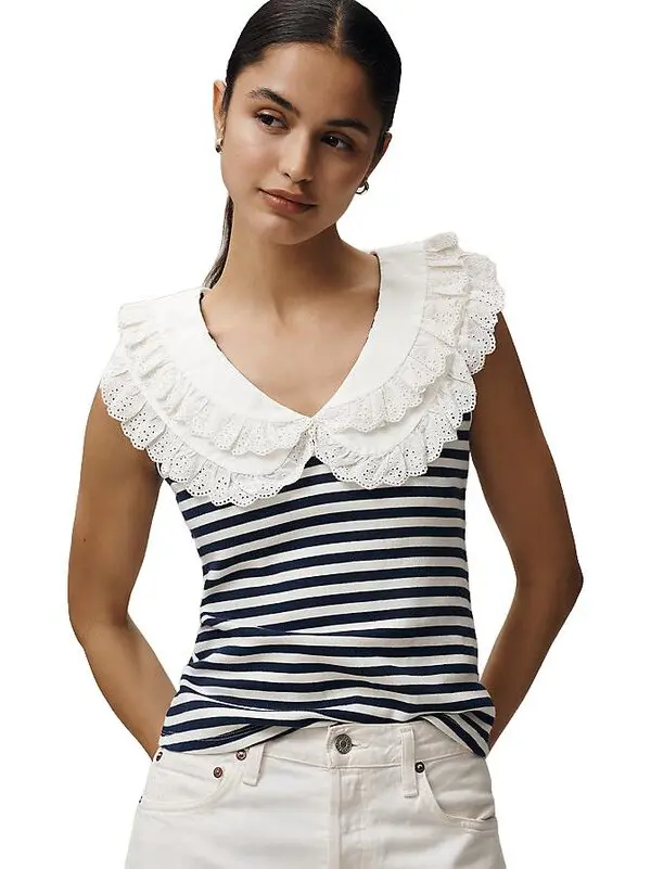 Maeve Ruffle Collar Tank Top - Navy/white