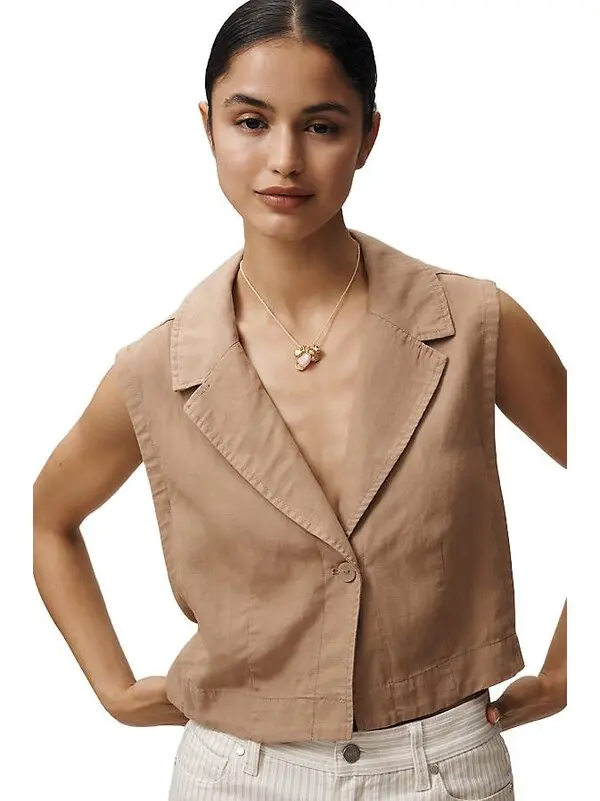 Maeve Linen Blend Button-front Vest - Tan