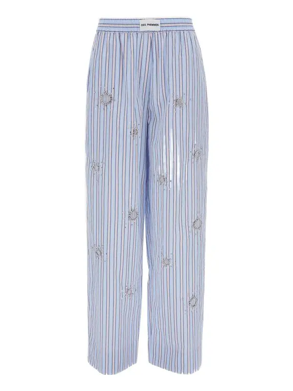 DES_PHEMMES Striped Embellished Wide-leg Trousers - Sky Blue