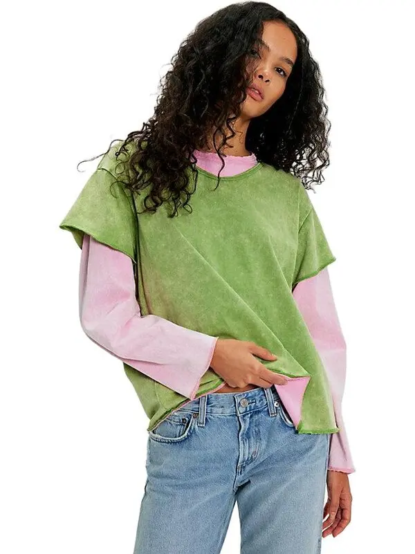 FOUND Double Layer Long-sleeve Tee - Forest Green And Pink