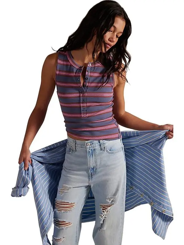Free People Jamie Henley Striped Tank Top - Navy Combo