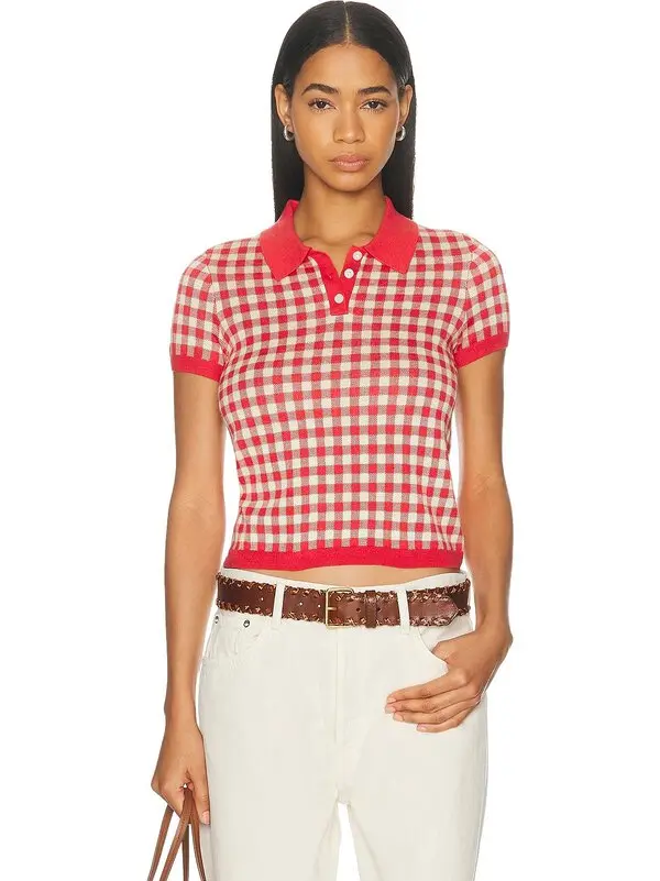 Guest In Residence Gingham Shrunken Polo Top - Scarlet & Mist