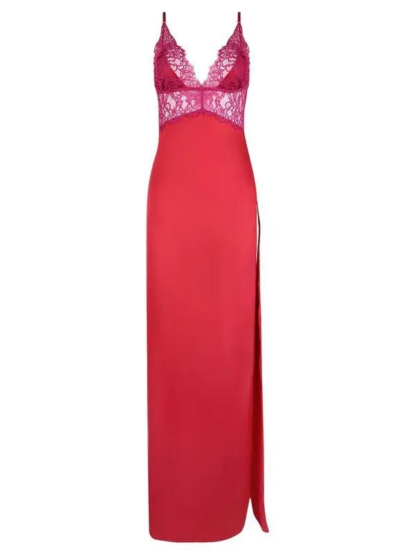 Frederick's Of Hollywood Rosalind Satin & Lace Gown - Crimson Red & Raspberry