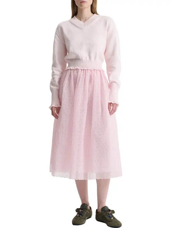 Cecilie Bahnsen Drusilla Wool Knit Ruffle V-neck Sweater - Pink