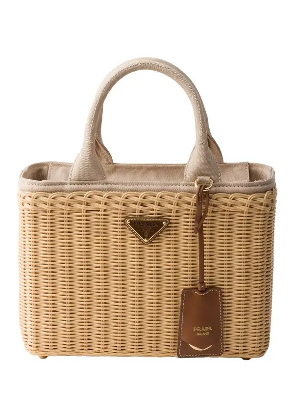 Prada Wicker And Canvas Tote Bag - Tan