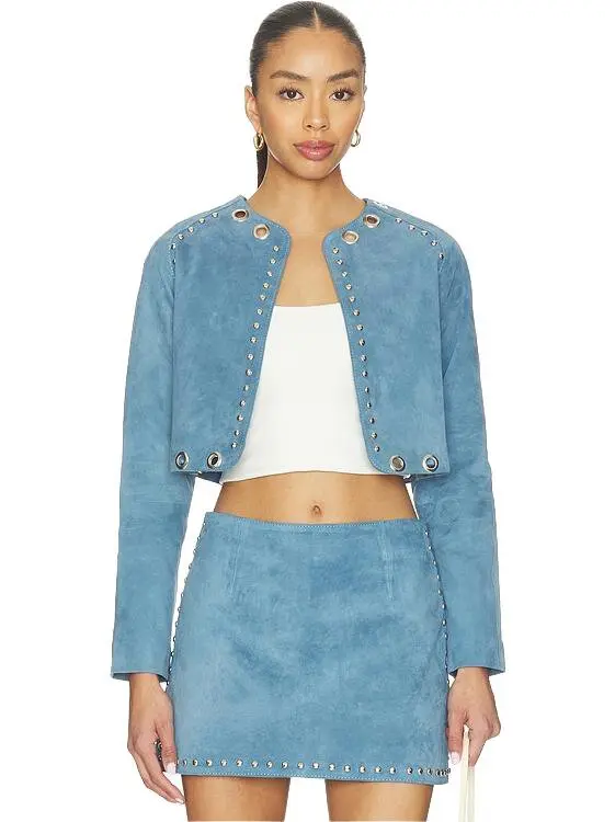 ZUT Cropped Leather Jacket With Grommet And Stud Detailing - Blue