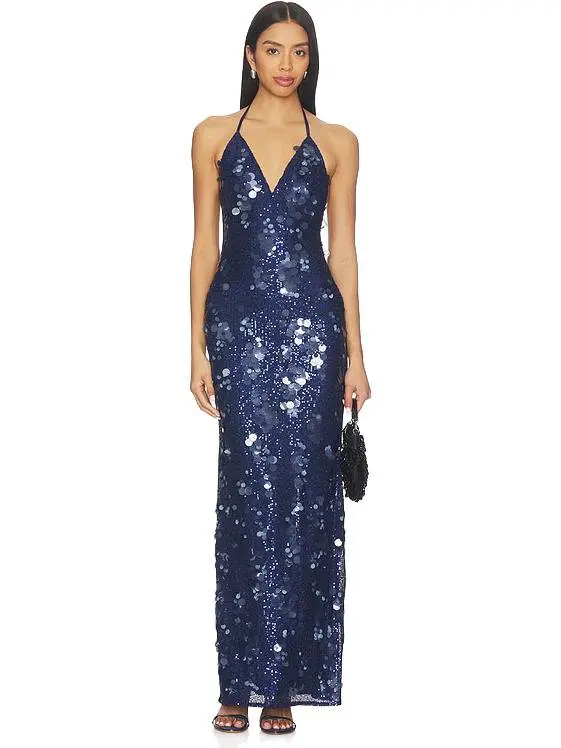 TIGER MIST Sequin Halterneck Maxi Dress With Open Back - Navy