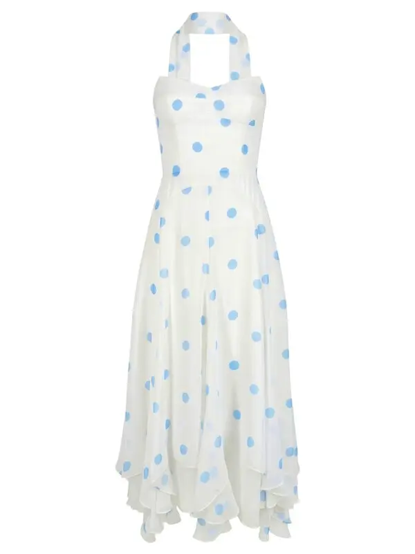 Amanda Uprichard Monterey Polka Dot Print Midi Dress With Scarf - Ivory Babyblue Polkadot