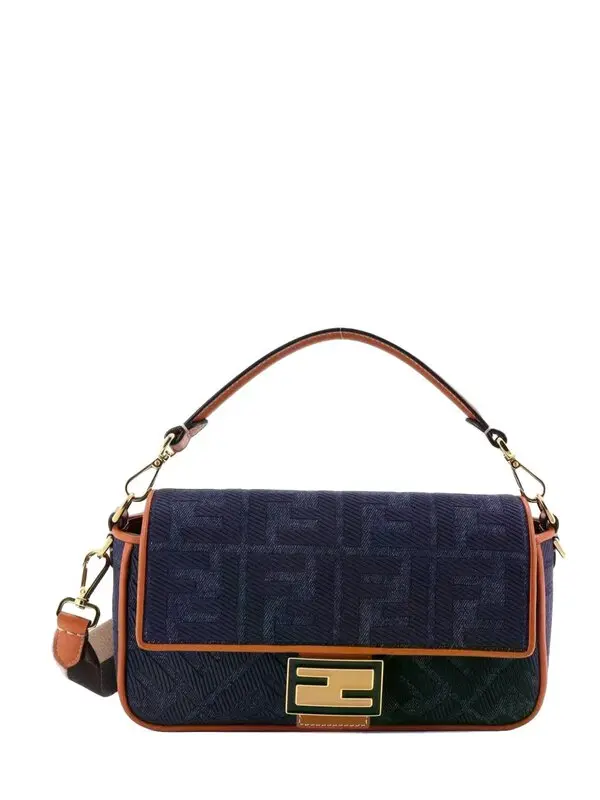 Fendi Baguette Nm Zucca Embroidered Denim Medium Shoulder Bag - Blue