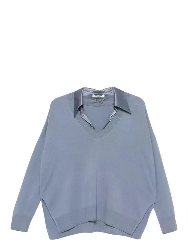 Max & Moi Satin-collar V-neck Sweater - Blue