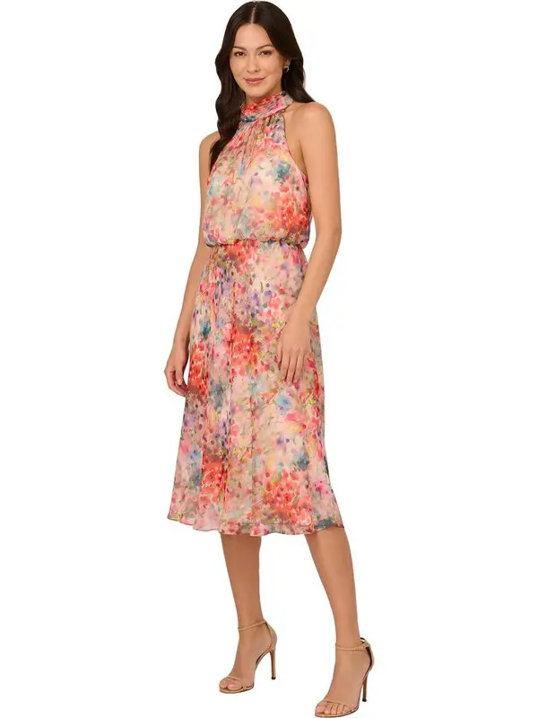 Adrianna Papell Floral Chiffon Halter Midi Dress With Blouson Bodice - Red Multi