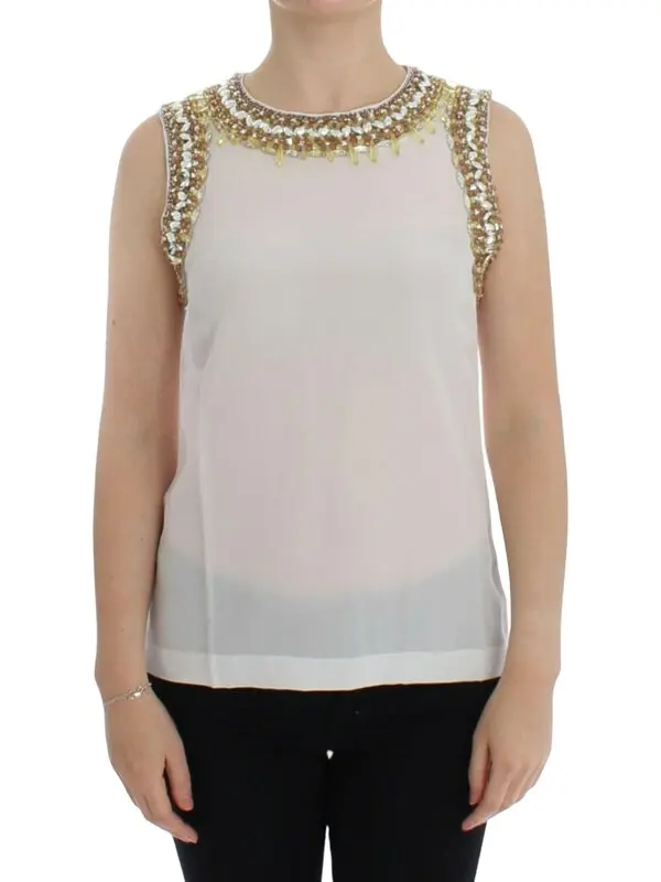 Dolce & Gabbana Crystal Embellished Silk Blouse - White