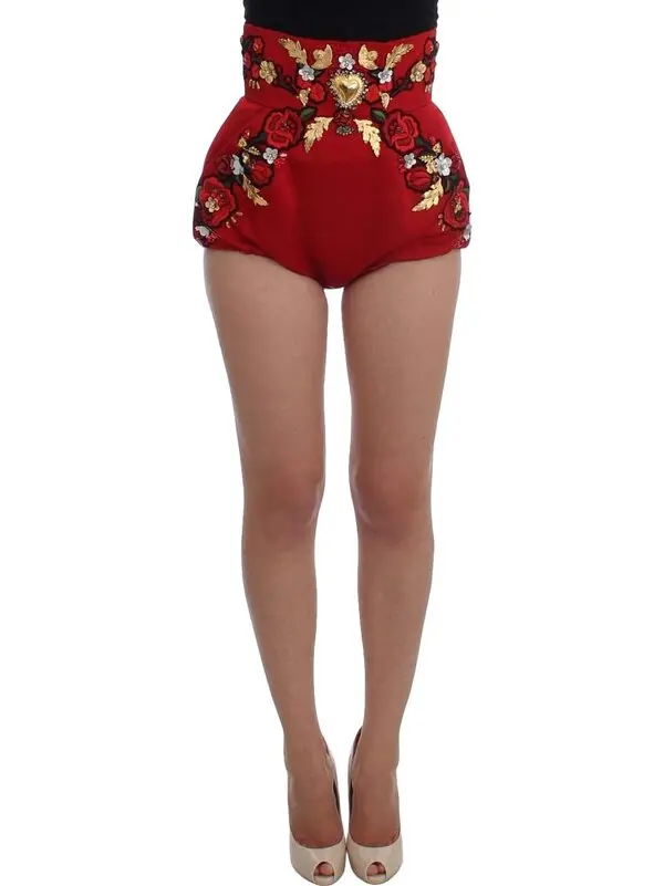 Dolce & Gabbana Silk Crystal Embroidered Shorts - Red