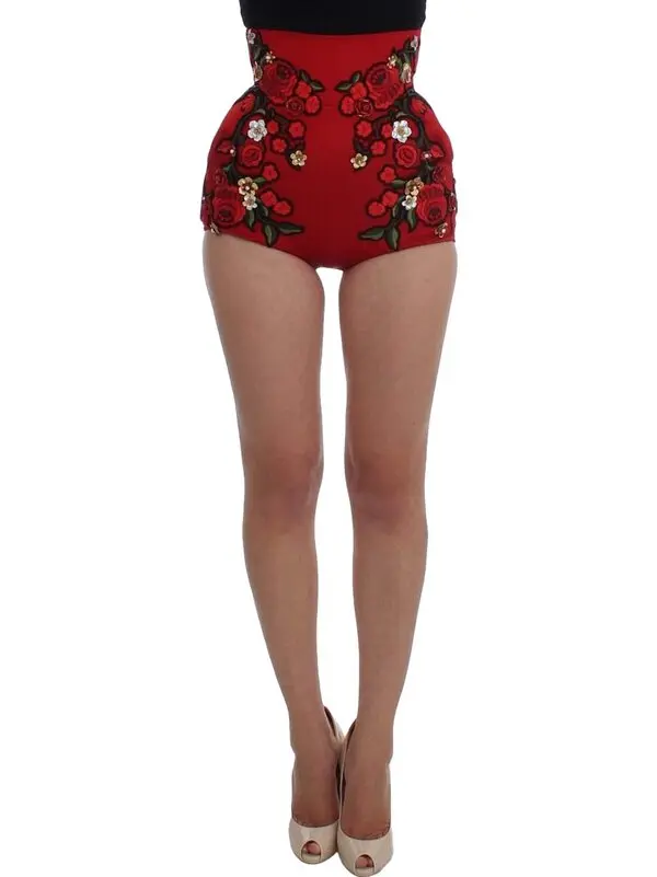 Dolce & Gabbana Silk Roses Embroidered High Waist Shorts - Red