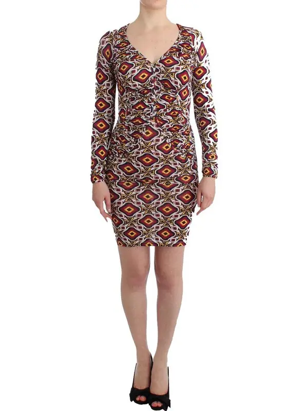 GF FERRE Long Sleeve V-neck Printed Viscose Dress - Multicolor