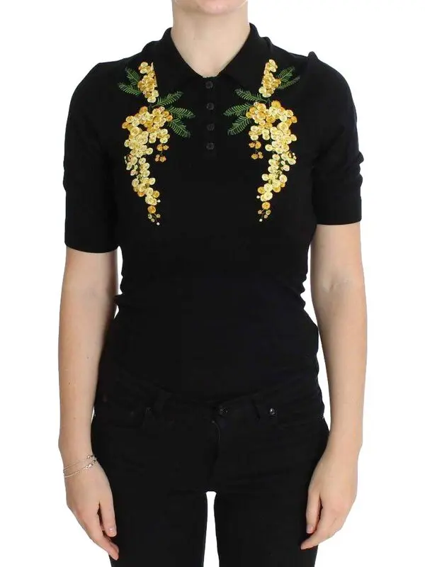 Dolce & Gabbana Silk Floral Embroidered Polo Top - Black