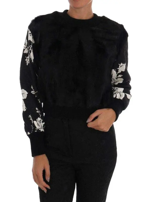 Dolce & Gabbana Fur Floral Brocade Zipper Sweater - Black