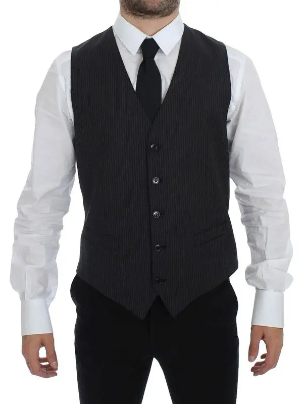 Dolce & Gabbana Striped Wool Single Breasted Vest - Gray