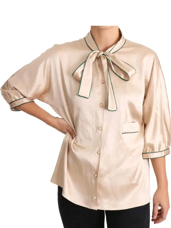 Dolce & Gabbana Ribbon Silk Stretch Top Blouse - Beige