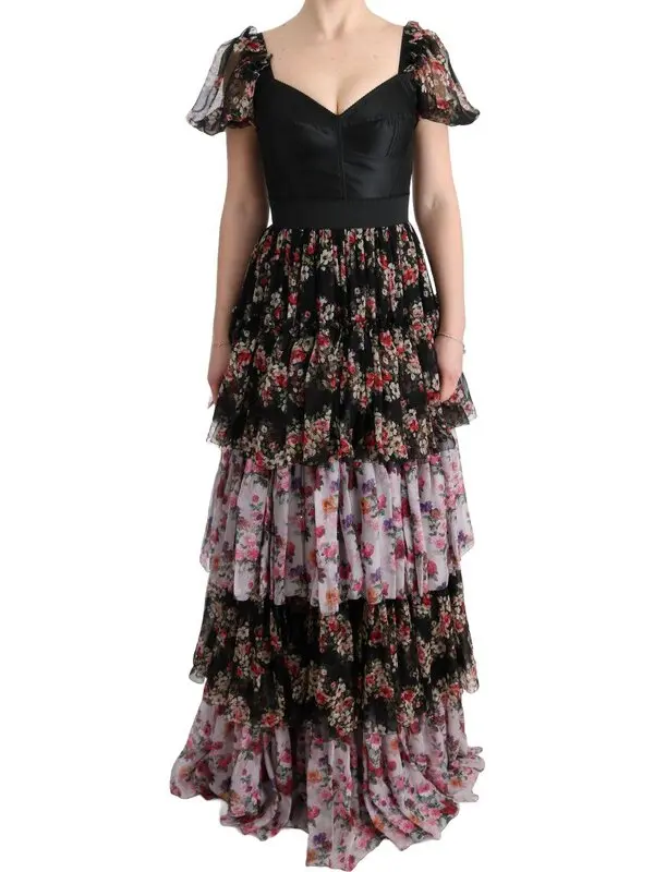 Dolce & Gabbana Floral Printed Silk Blend Stretch Long Dress - Multicolor