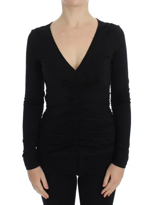 Versace Ruched V-neck Long Sleeve Sweater - Black