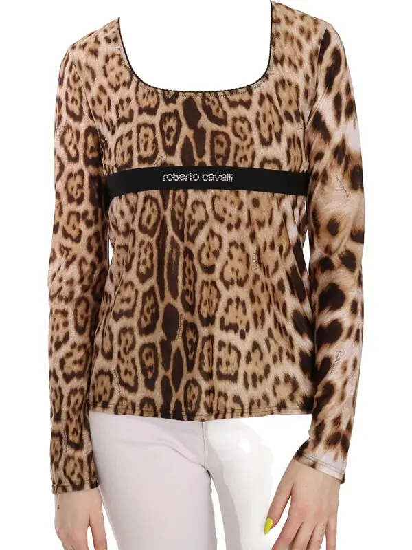 Roberto Cavalli Leopard Print Long Sleeve Round Neck Blouse - Brown