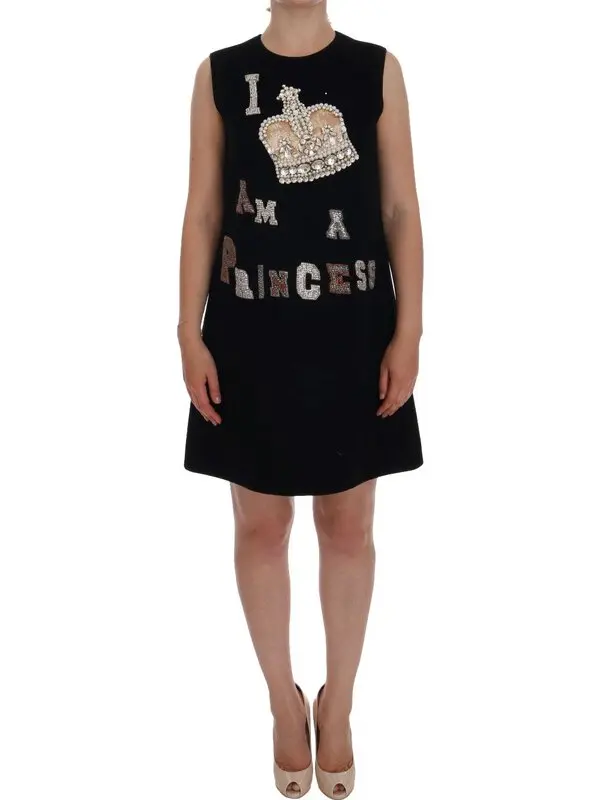 Dolce & Gabbana Crystal Embellished Wool Shift Dress - Black