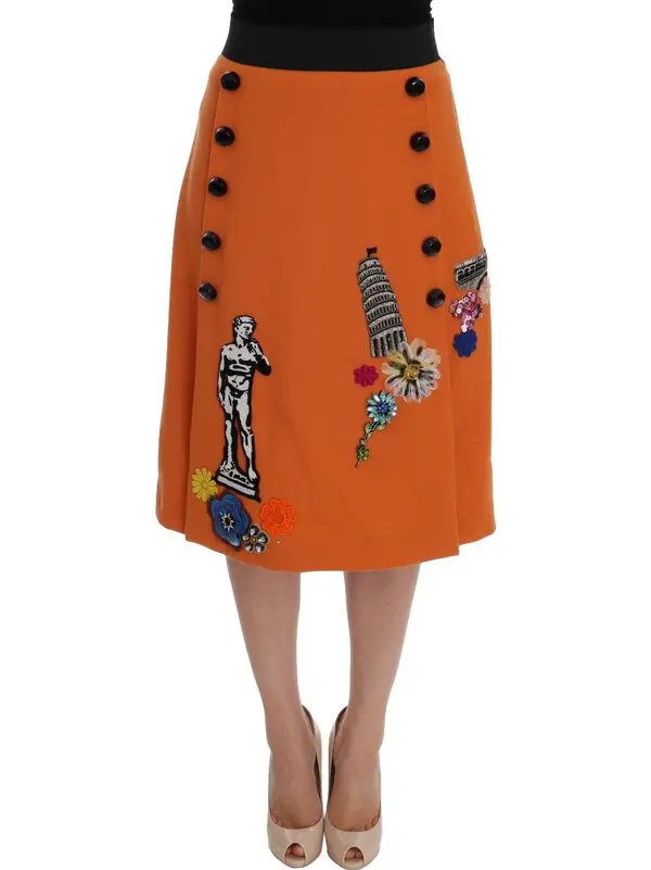 Dolce & Gabbana Wool Embellished Knee Length Skirt - Orange