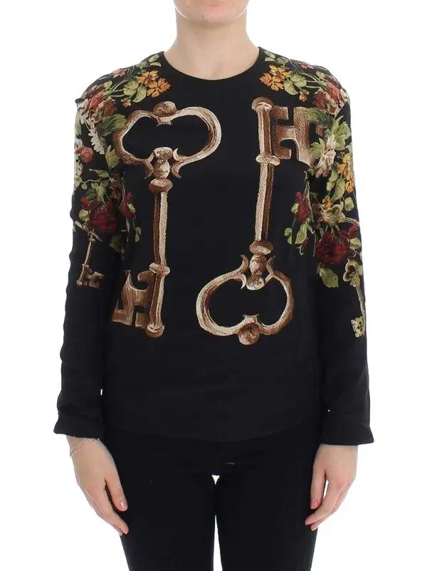 Dolce & Gabbana Key Floral Print Silk Blouse Top - Black