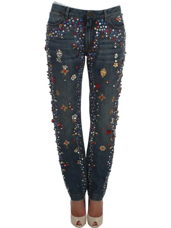Dolce & Gabbana Crystal Roses Heart Embellished Jeans - Blue