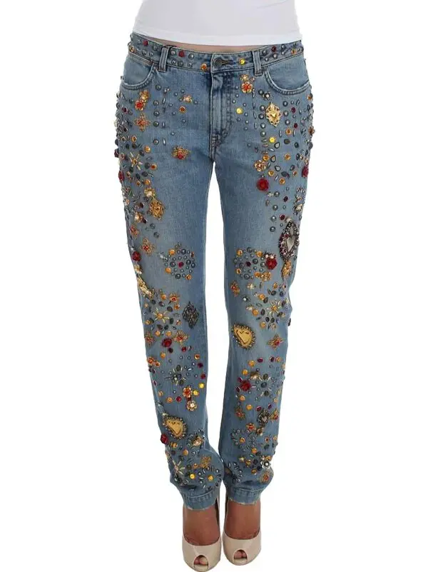 Dolce & Gabbana Crystal Roses Heart Embellished Jeans - Blue