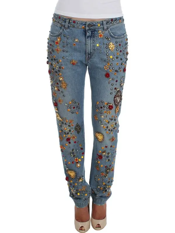 Dolce & Gabbana Crystal Roses Heart Embellished Jeans - Blue