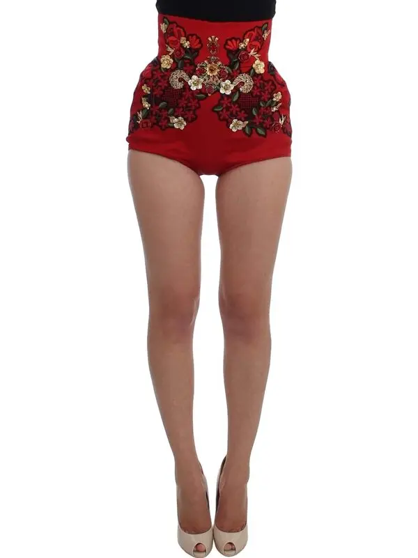 Dolce & Gabbana Silk Crystal Roses High Waist Mini Shorts - Red
