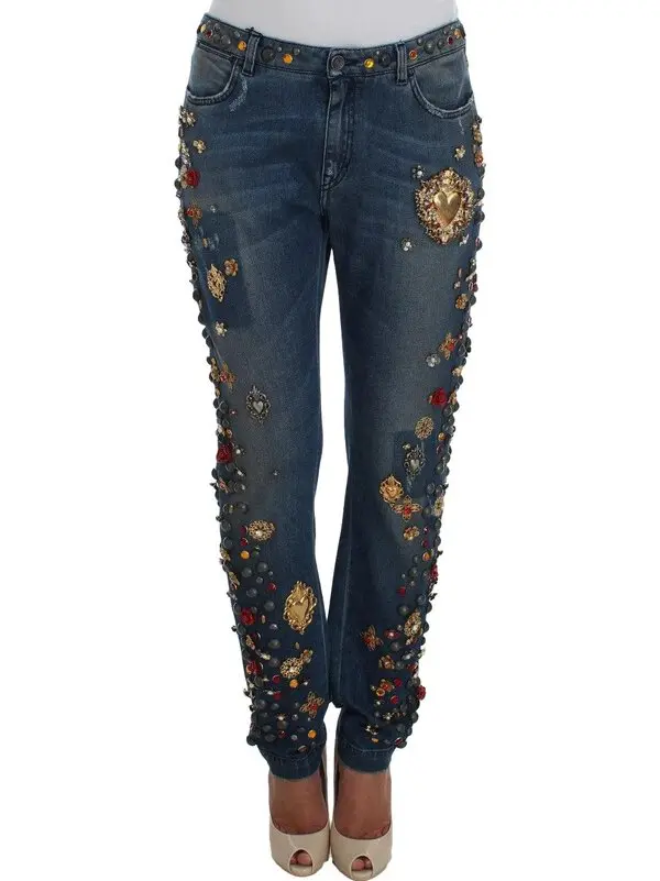 Dolce & Gabbana Heart And Roses Embellished Boyfriend Jeans - Blue