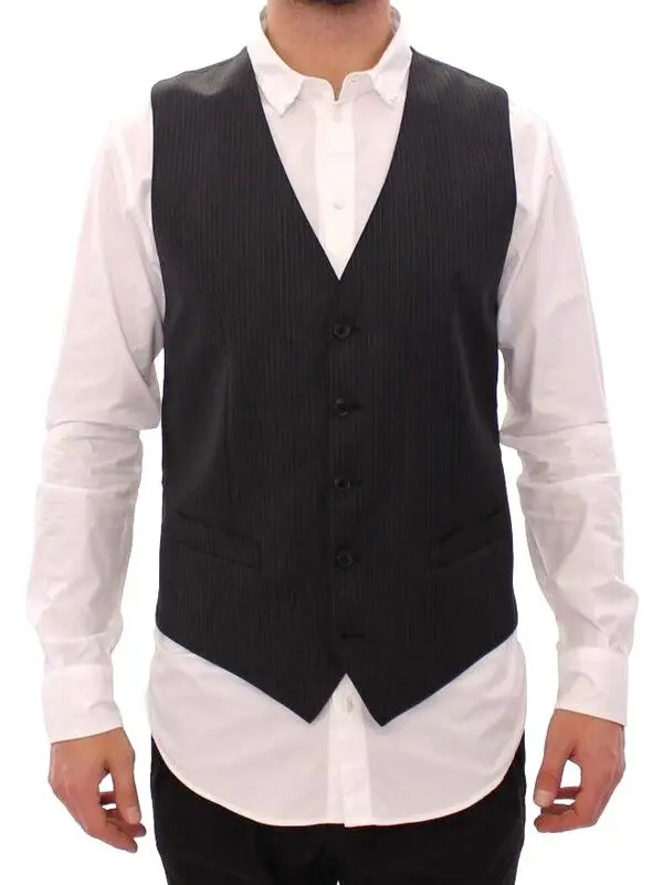 Dolce & Gabbana Striped Wool Single Breasted Vest - Gray