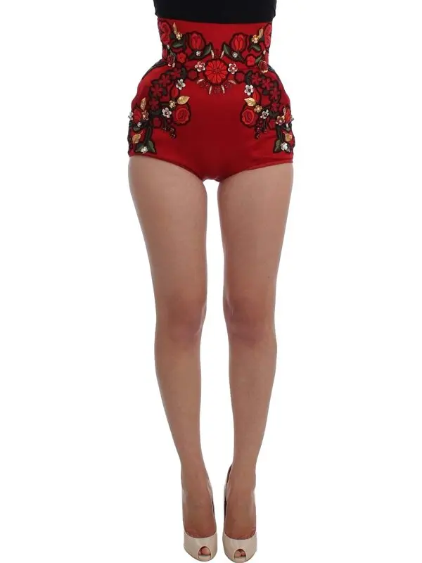 Dolce & Gabbana Silk High-waisted Shorts With Roses Embroidery And Crystal Embellishments - Red