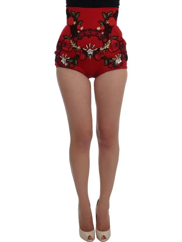 Dolce & Gabbana Silk Crystal Roses Shorts - Red
