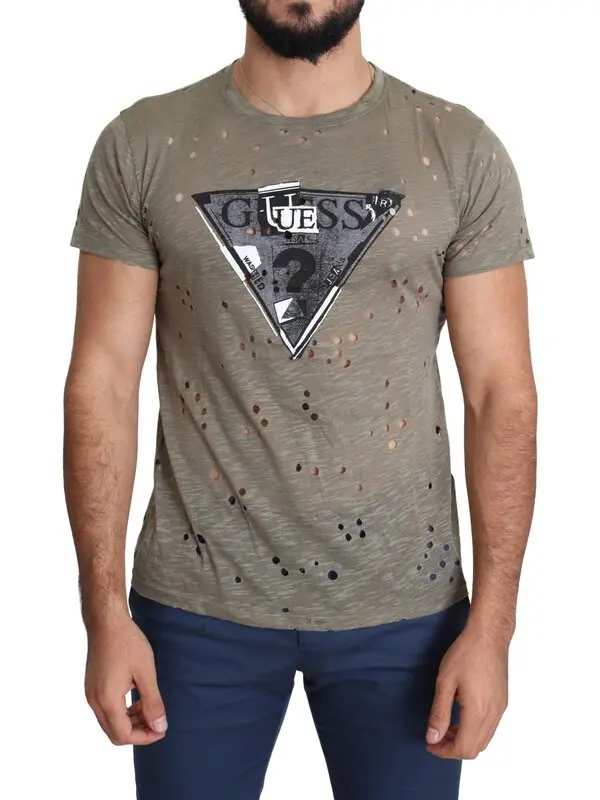 Guess Cotton Stretch Logo Print Casual Perforated T-shirt - Brown