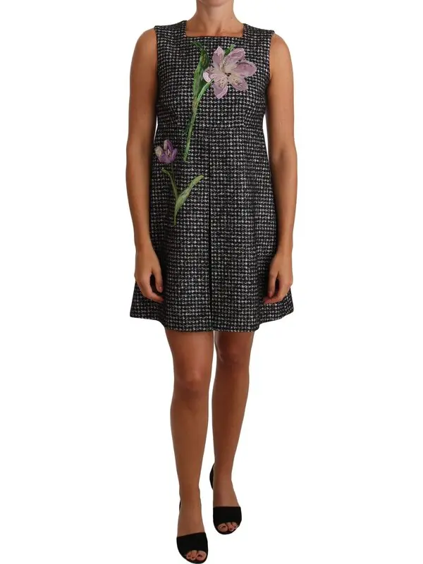 Dolce & Gabbana Houndstooth Floral Appliqué Shift Mini Dress - Gray