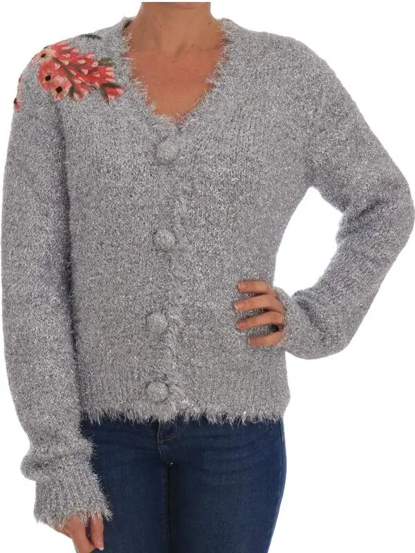 Dolce & Gabbana Floral Applique Cardigan Sweater - Silver