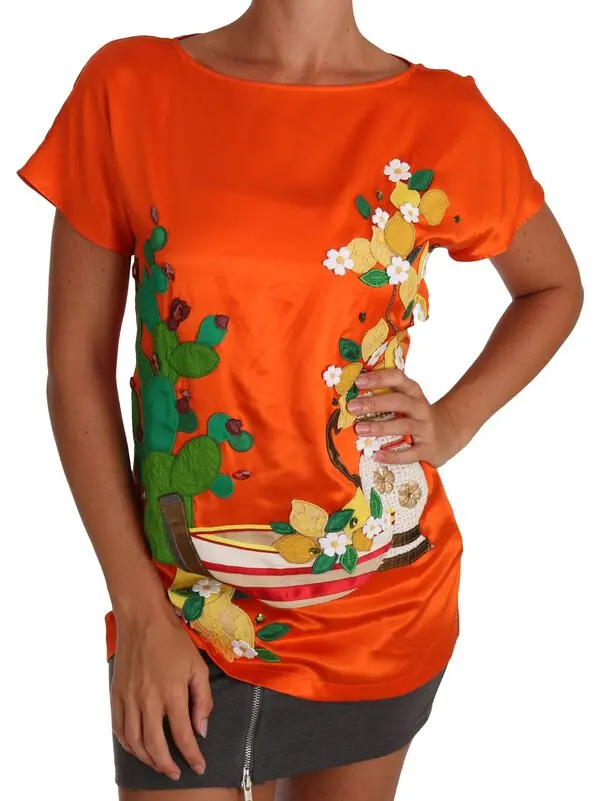 Dolce & Gabbana Silk Lemon Crystal T-shirt Top - Orange