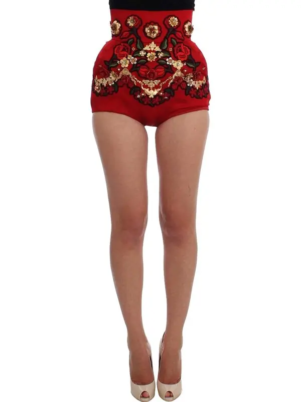 Dolce & Gabbana Silk Crystal Roses Hot Pants - Red