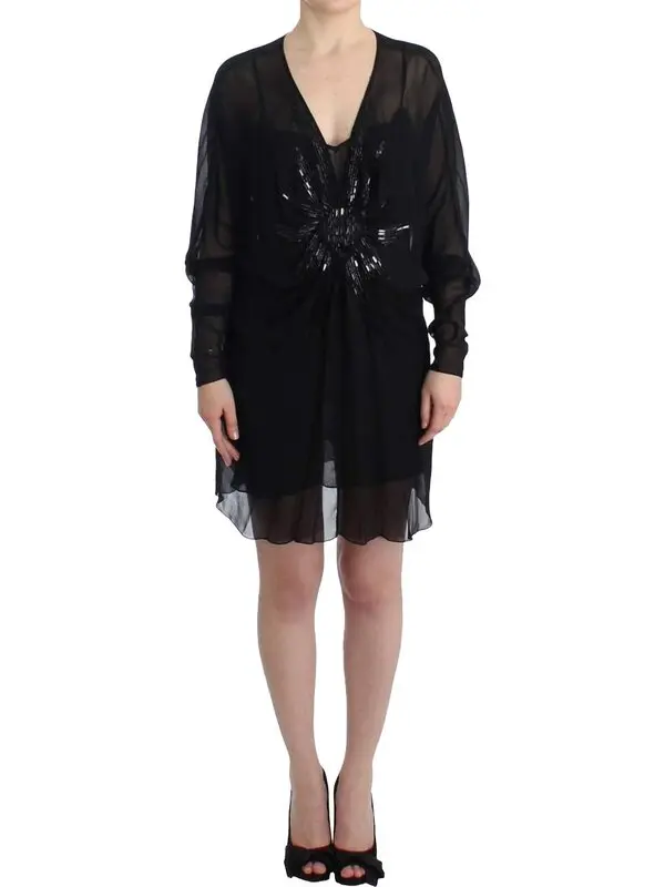 Roberto Cavalli Long Sleeve Silk Blouson Dress - Black