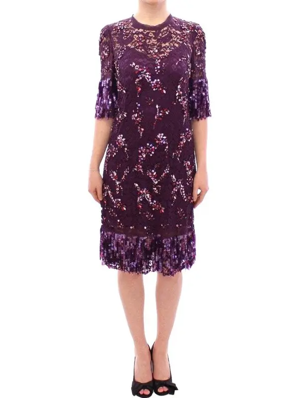 Dolce & Gabbana Floral Lace Crystal Embedded Sheath Dress - Purple