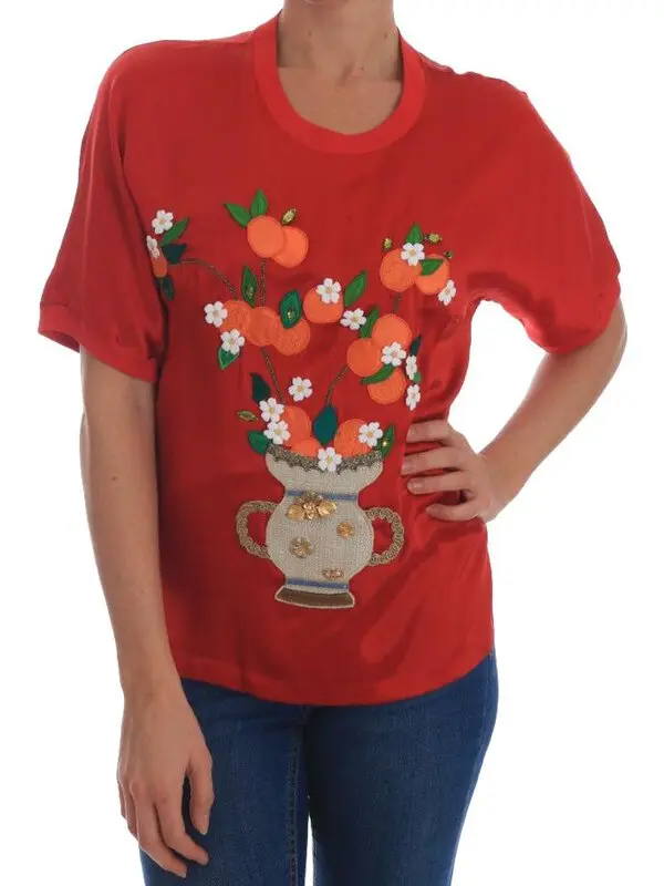 Dolce & Gabbana Silk Floral Applique Blouse - Red