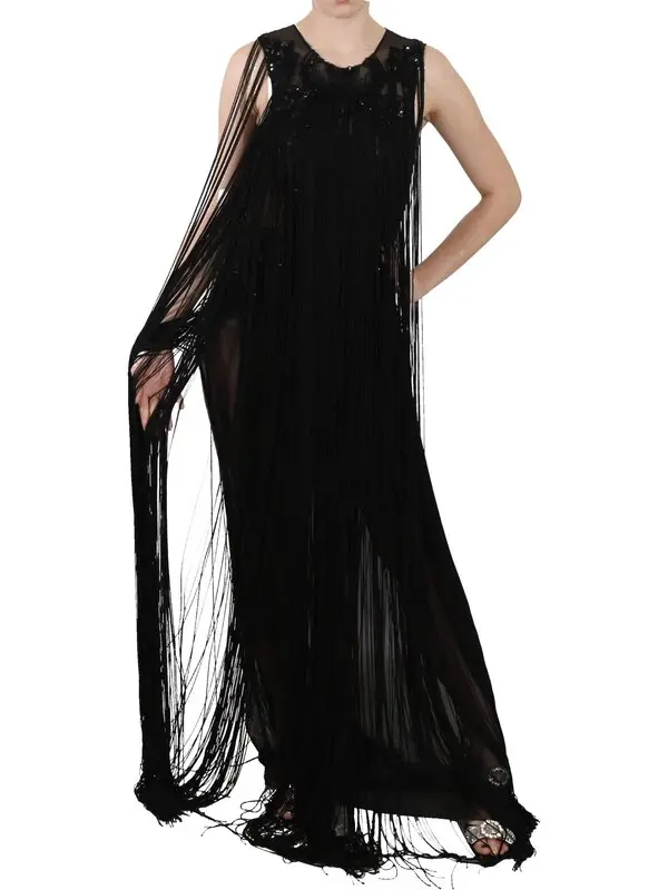 John Richmond Silk Beaded Sequined Sheer Maxi Dress - Black