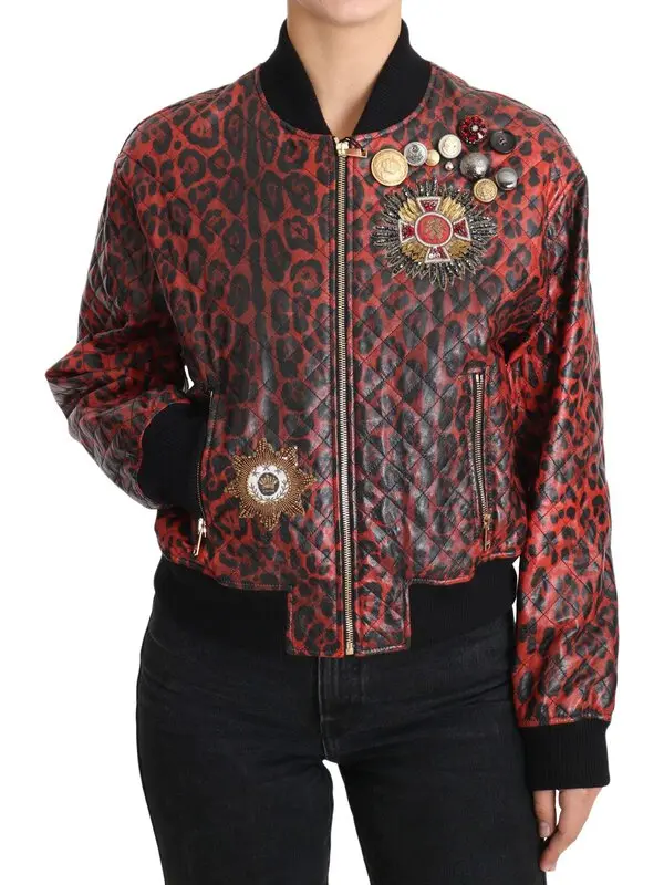 Dolce & Gabbana Leopard Print Crystal Embellished Leather Jacket - Red