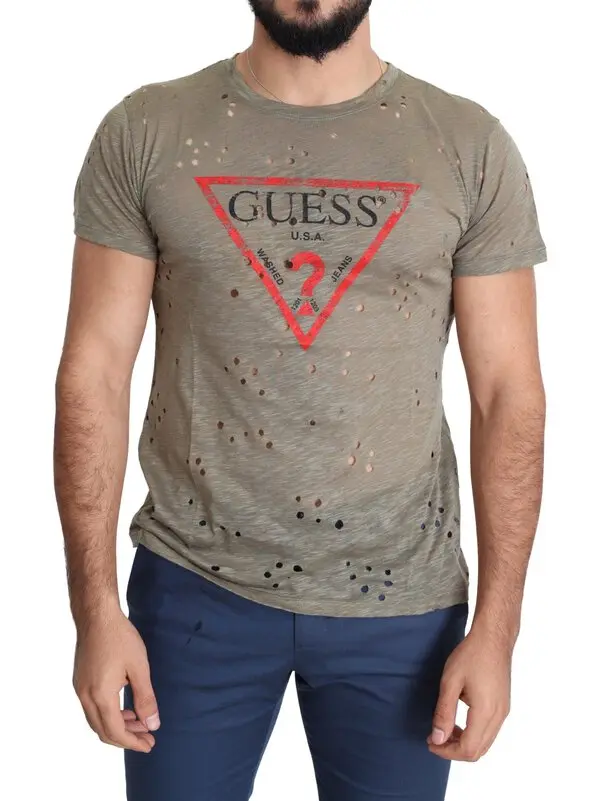 Guess Cotton Stretch Logo Print Casual Perforated T-shirt - Brown